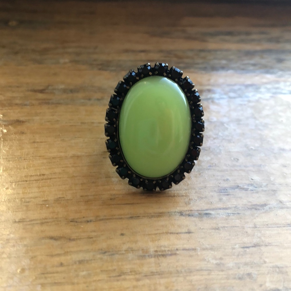 Vintage Jade Color Stone With Black Crystals Ring - Gem
